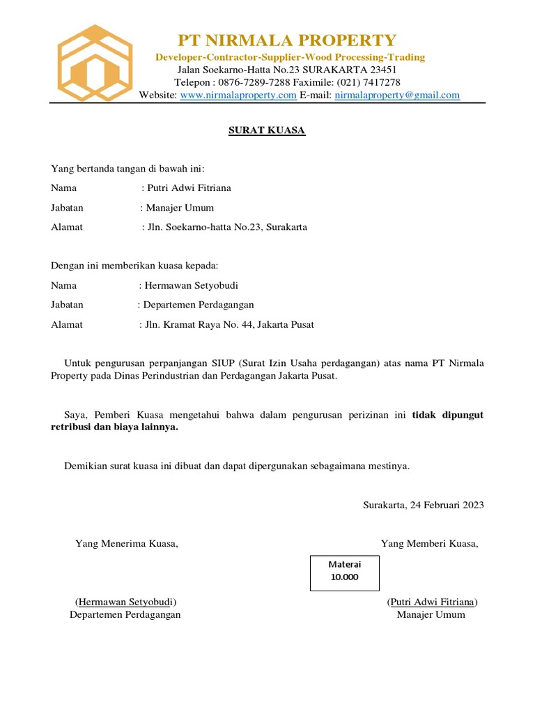 PT Nirmala Property Surat Kuasa Perpanjangan SIUP | PDF