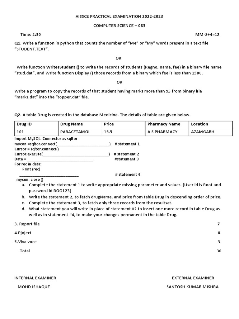 AISSCE 2022-2023 Computer Science Exam | PDF | Computer Data | Software Engineering