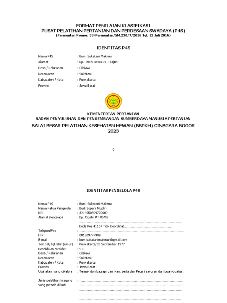 Format Penilaian Klasifikasi P4S 2023 - Revisi | PDF