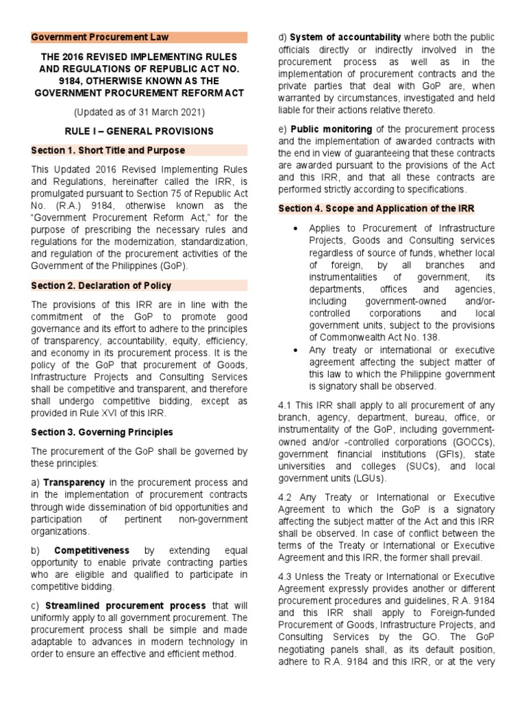 Revised IRR of RA 9184: Procurement Law | PDF | Procurement | Treaty