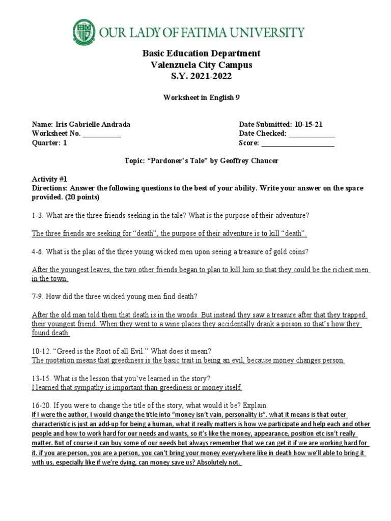 Pardoner's Tale Worksheet Answers | PDF | Games & Activities | Social ...