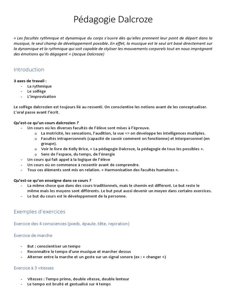Pédagogie Dalcroze : Méthodes et Exercices | PDF | Pédagogie | Tempo