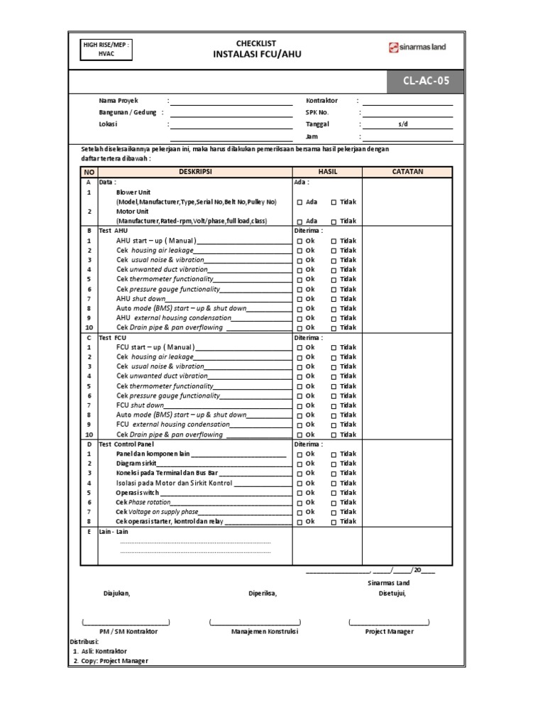 Checklist Instalasi FCU/AHU HVAC | PDF | Teknologi & Rekayasa