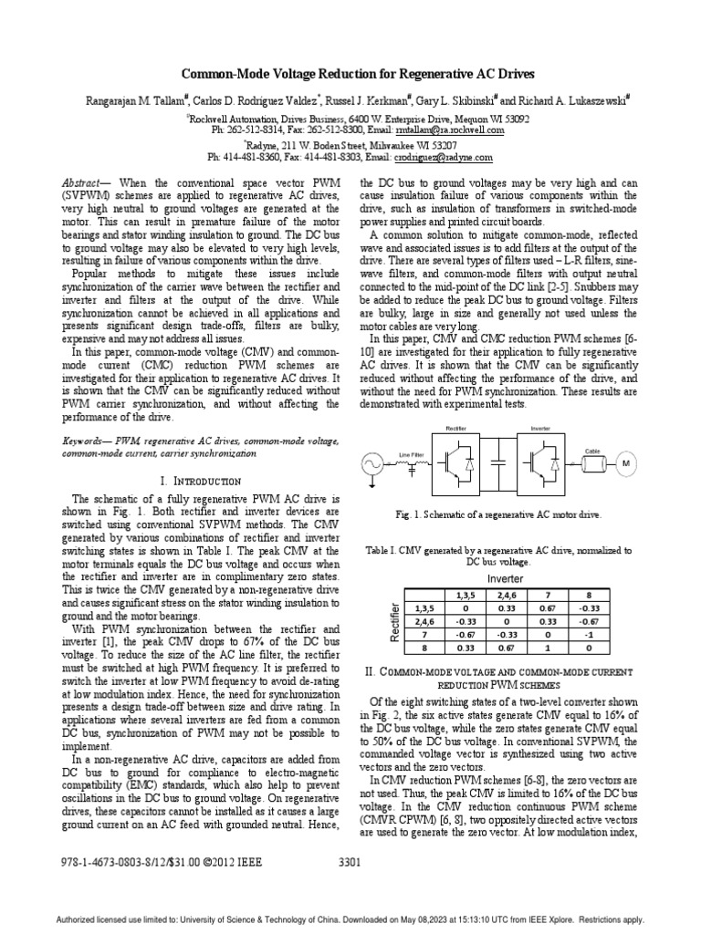 Common Mode Voltage Reduction For Regenerative Ac Drives Pdf Power Inverter Rectifier