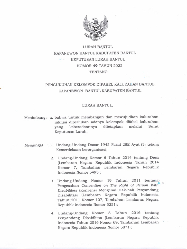 Keputusan Lurah Nomor 49 Tahun 2022 Tentang Pengukuhan Kelompok Difabel Kalu | PDF