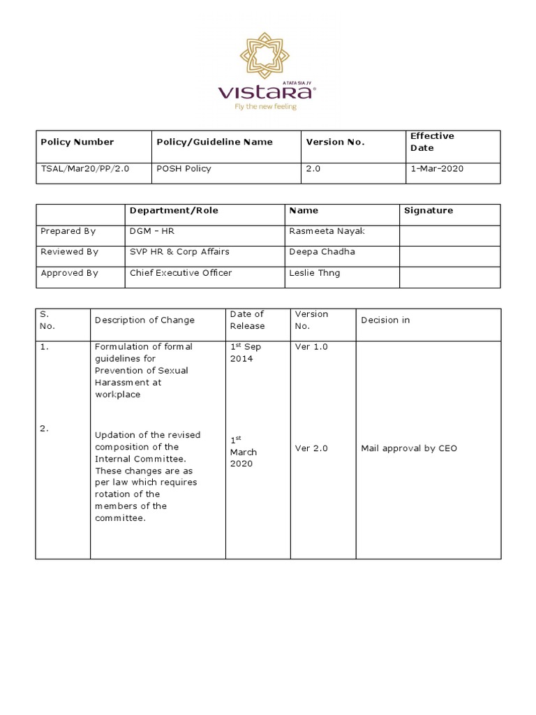 Vistara - POSH Policy - Ver2.0 PDF | Download Free PDF | Sexual ... Vistara - POSH Policy - Ver2.0 PDF | Download Free PDF | Sexual ...