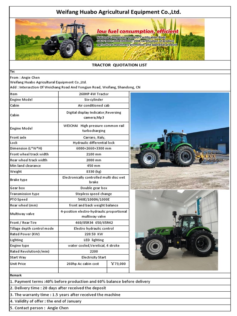 260hp Ac Cabin Huabo Quotation Tractor | PDF | Home & Garden ...