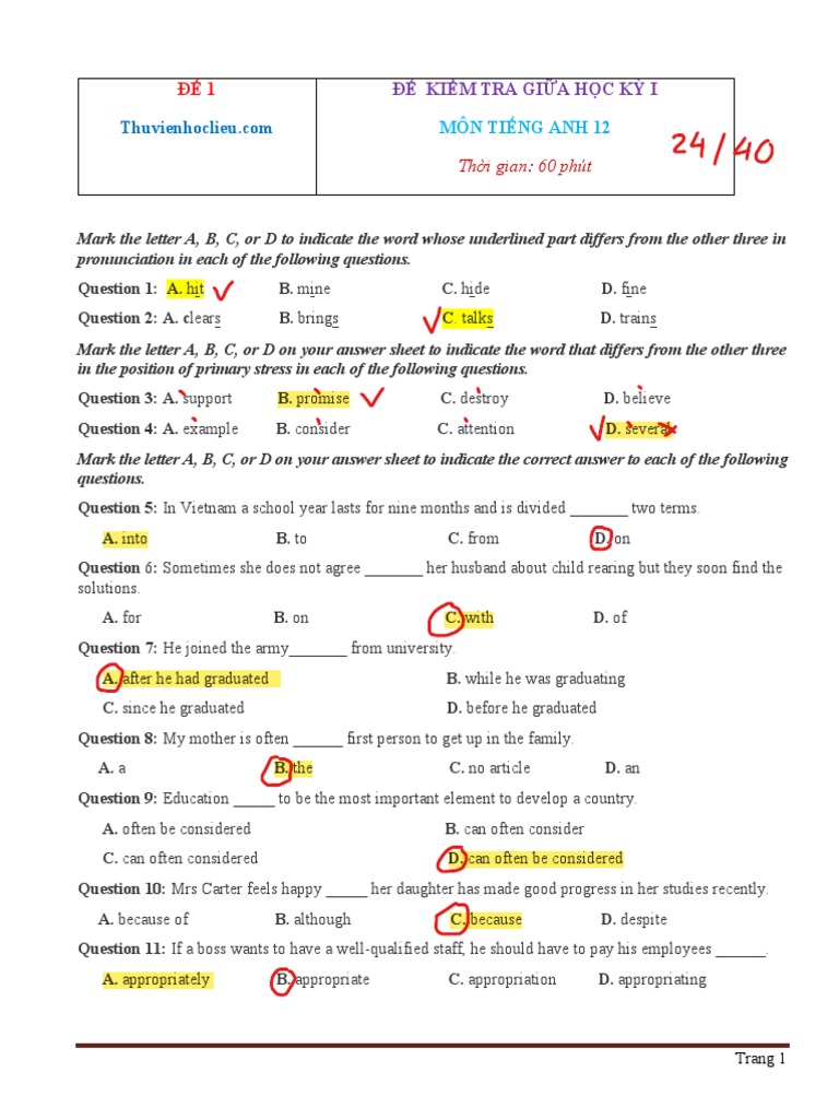 onluyen.vn - Bộ đề kiểm tra giữa học kì 1 môn Tiếng Anh lớp 12 có đáp ...
