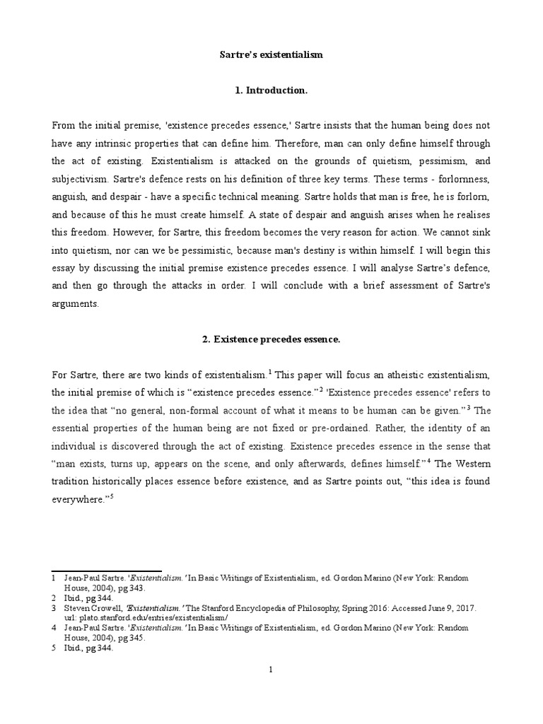 Sartre's Existentialism: Existence Precedes Essence | PDF | Existentialism | Essence