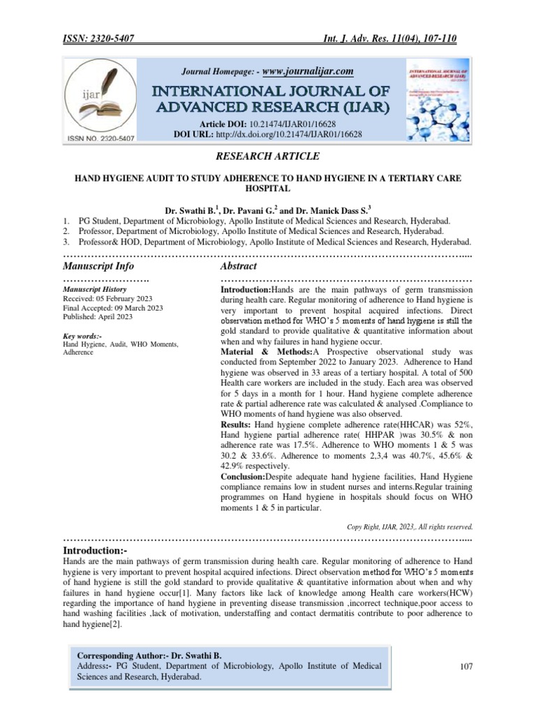 Hand Hygiene Audit To Study Adherence To Hand Hygiene in A Tertiary ...