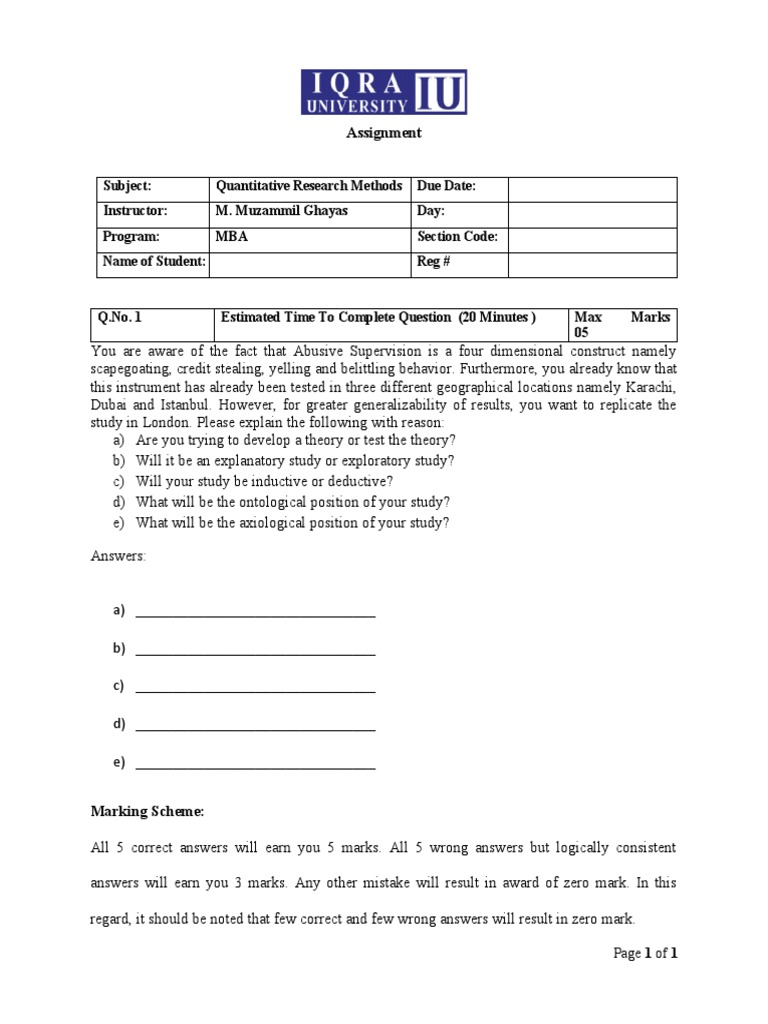 Quantitative Reasearch Methods - Assignment | PDF