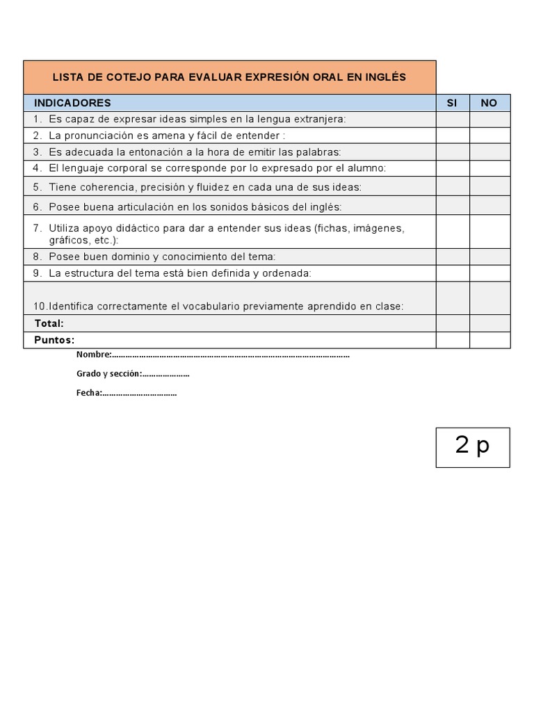 Lista de Cotejo para Evaluar Expresión Oral en Inglés | PDF