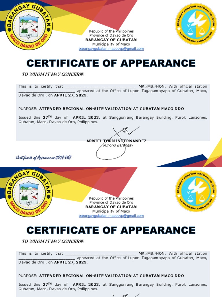 Certificate of Appearance - Gubatan 2023 | PDF