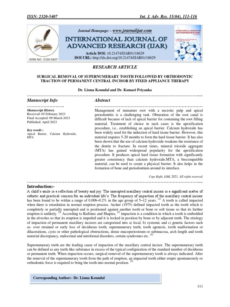Surgical Removal of Supernumerary Tooth Followed by Orthodontic ...
