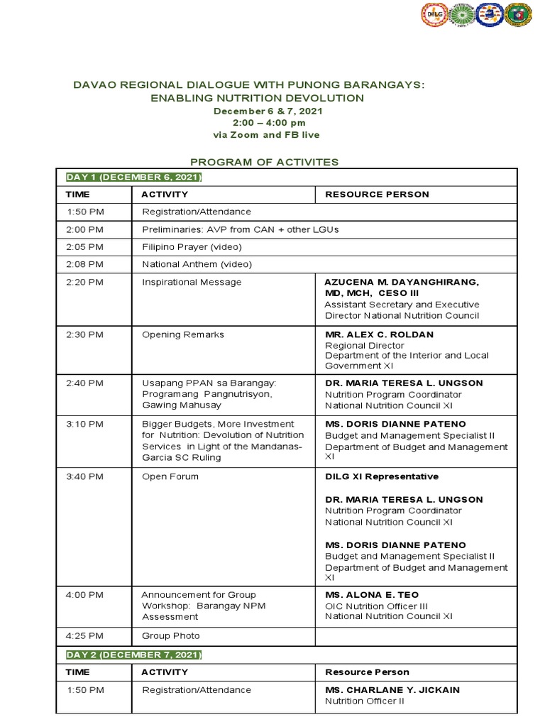 Program of Activities - Davao Regional Dialogue With Barangays | PDF ...