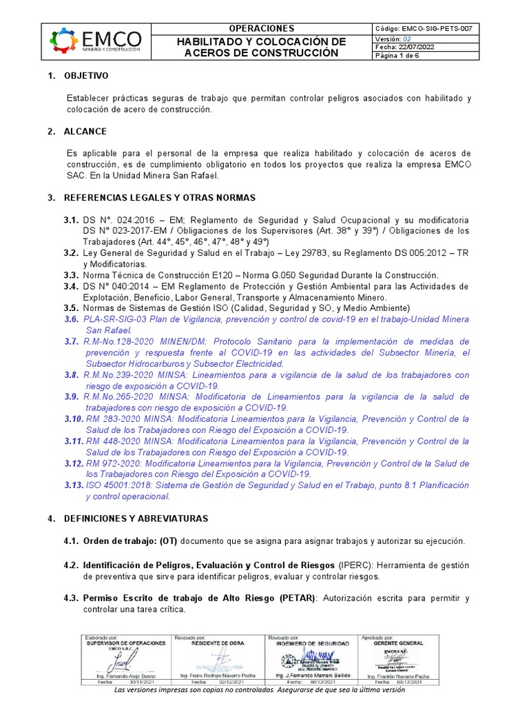 EMCO-SIG-PETS-007 HABILITADO Y COLOCACION DE ACEROS DE CONSTRUCCION Ver ...
