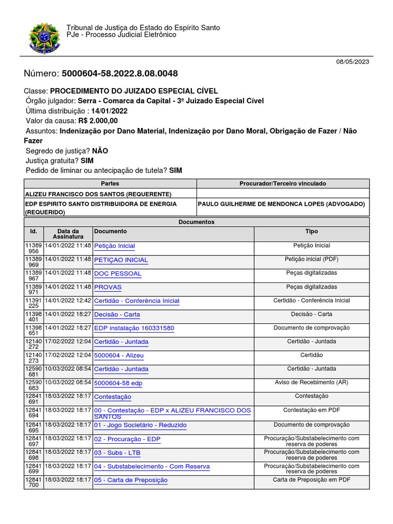 Número: 5000604-58.2022.8.08.0048: Fazer | PDF | Queixa | Justiça