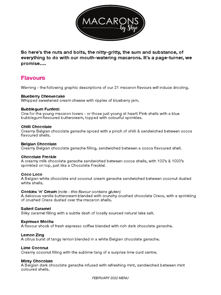 Macarons by Skye - Flavour Menu | Download Free PDF | Chocolate | Macaron