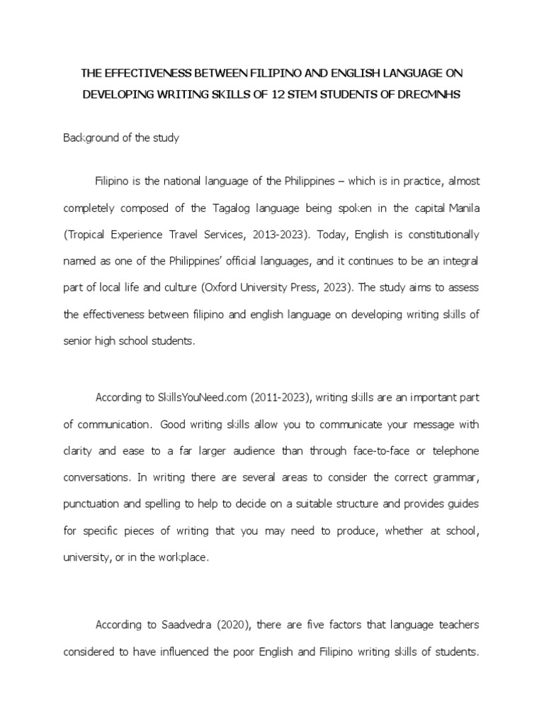 The Effectiveness Between Filipino and English On Developing Writing ...
