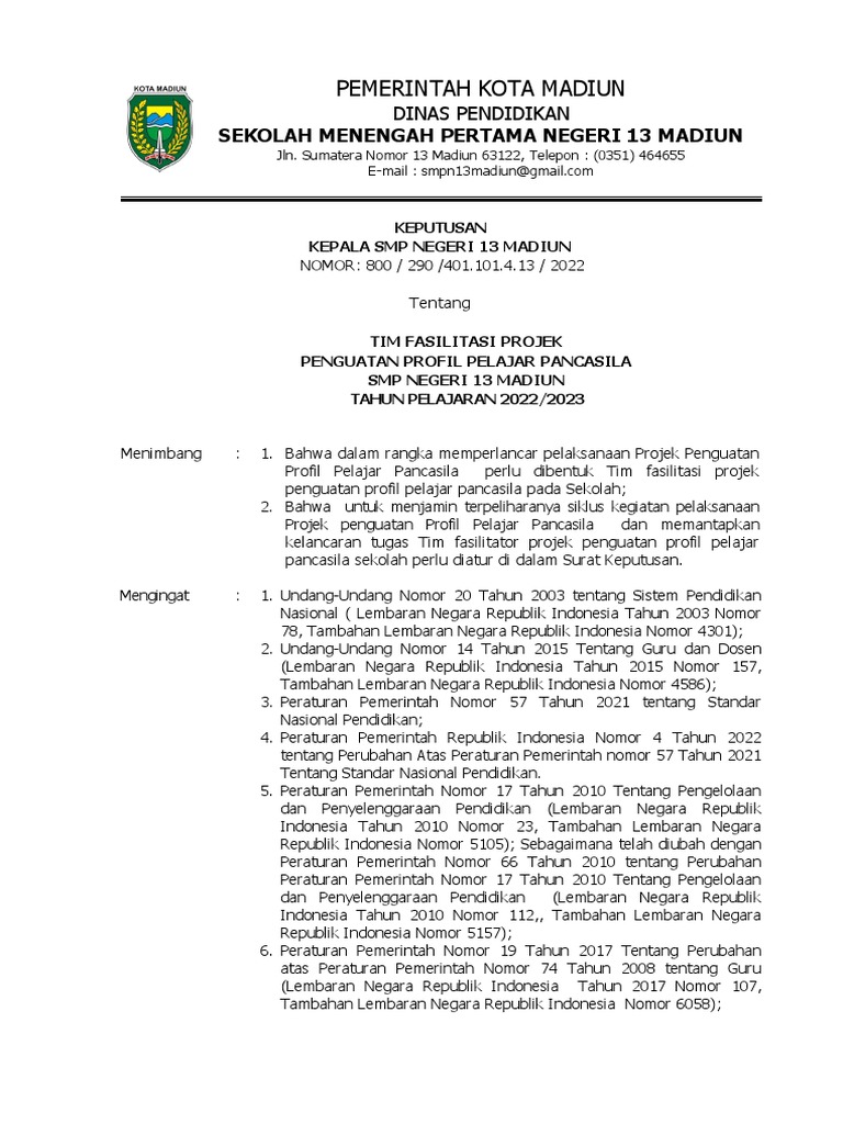 SK Tim Fasilitasi Projek Penguatan Profil Pelajar Pancasila | PDF ...