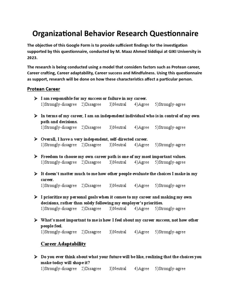 Organizational Behavior Research Questionnaire MAAZ | PDF | Attention ...