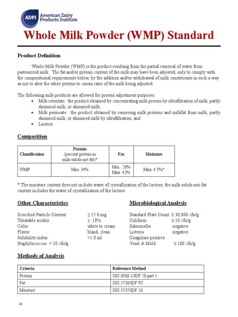 ADPI Extra Grade Standard Whole Milk Powder | PDF | Milk | Powdered Milk