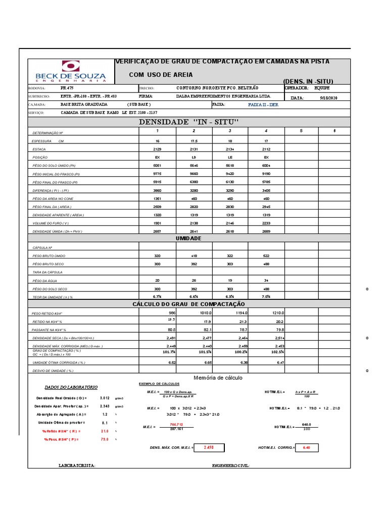 DENS. IN SITU BASE BGS 2020 SETExcel 2007 (1) - 1-1 | PDF | Geociências ...