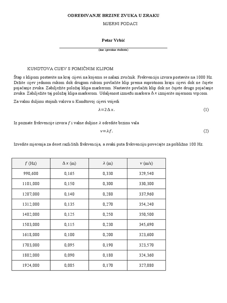 Određivanje Brzine Zvuka U Zraku | PDF
