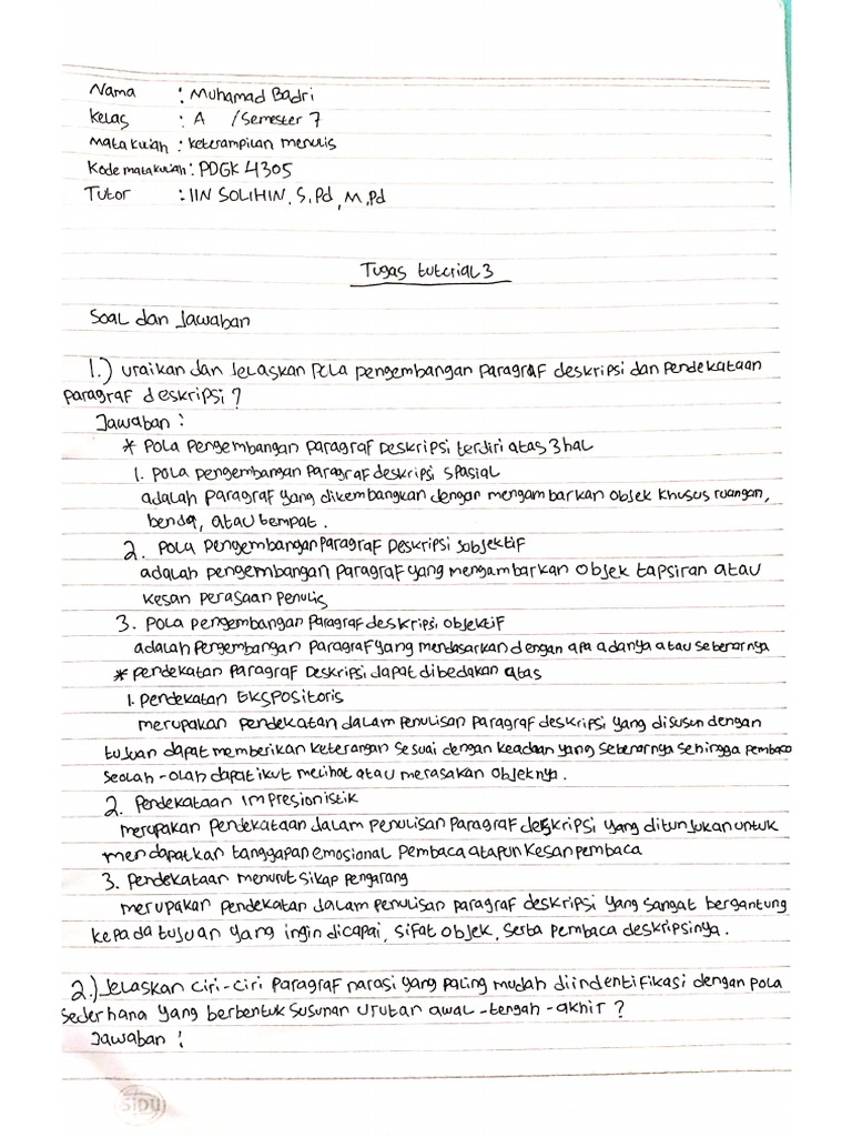 Tugas Tutorial 3 Keterampilan Menulis Muhamad Badri 7A 857181307 PDF | PDF