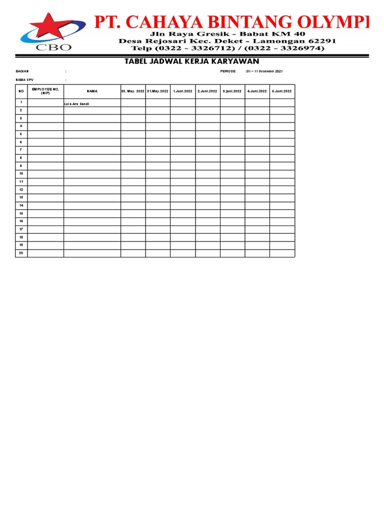 Tabel Jadwal Kerja Karyawan | PDF