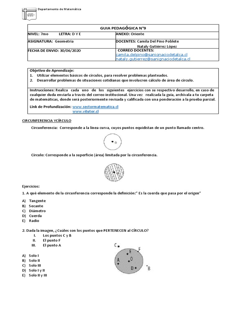 Guia N9 Geometria Circulo 7° Basico D e 1 | PDF | Tangente | Matemáticas