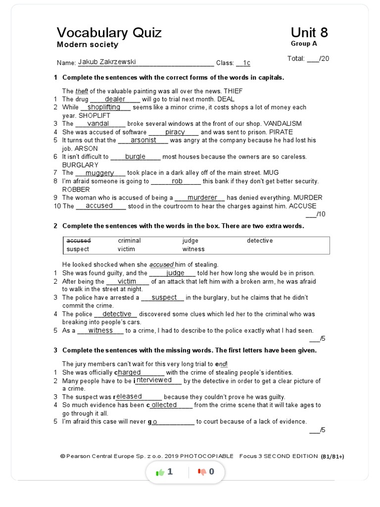 Focus 3 2e Vocabulary Quiz Unit8 Group A - Compress | PDF | Burglary ...