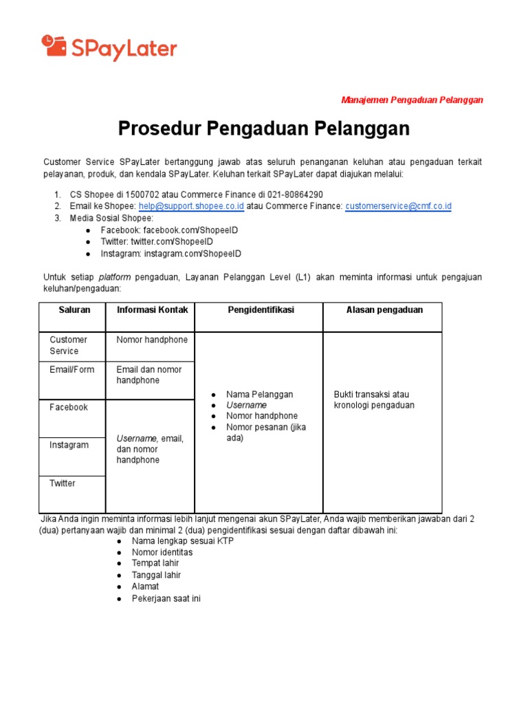 Prosedur Layanan Pengaduan Pelanggan SPayLater | PDF