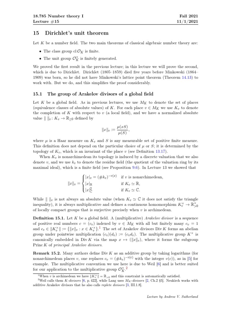 Dirichlet's Unit Theorem PDF | PDF | Field (Mathematics) | Group (Mathematics)