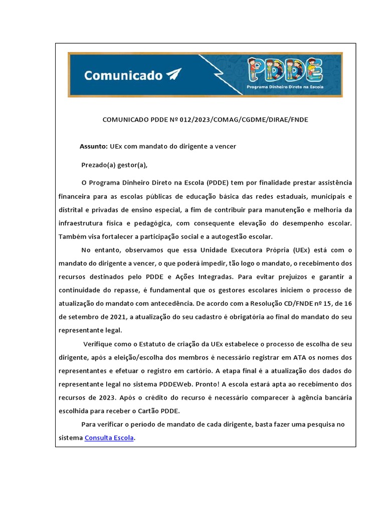 Comunicado PDDE - Nº 012.2023 - UEx Com Mandato Do Dirigente A Vencer | PDF | Carreira e ...