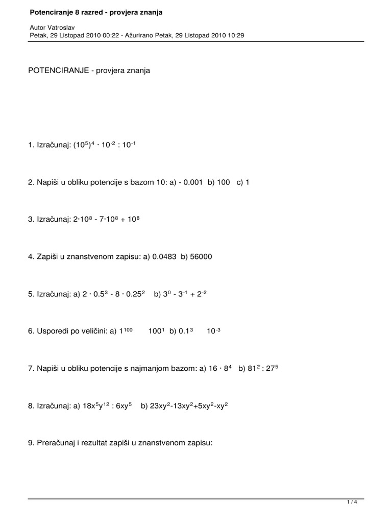 Potenciranje 8 Razred Provjera Znanja | PDF