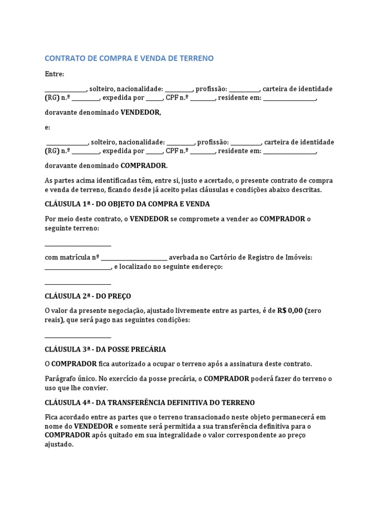 Modelo de Contrato de Compra e Venda de Terreno Simples para Word para ...