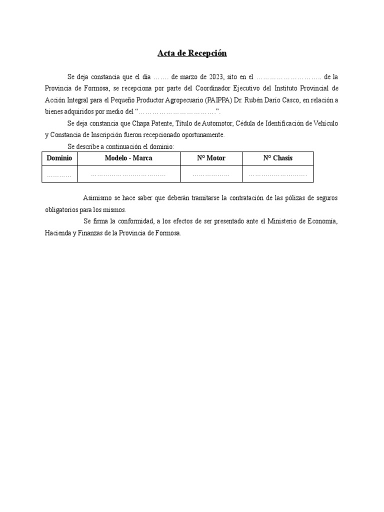 Acta de Recepción - Modelo | PDF