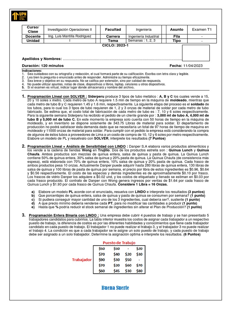 Exámen T1 (2023-1) | PDF