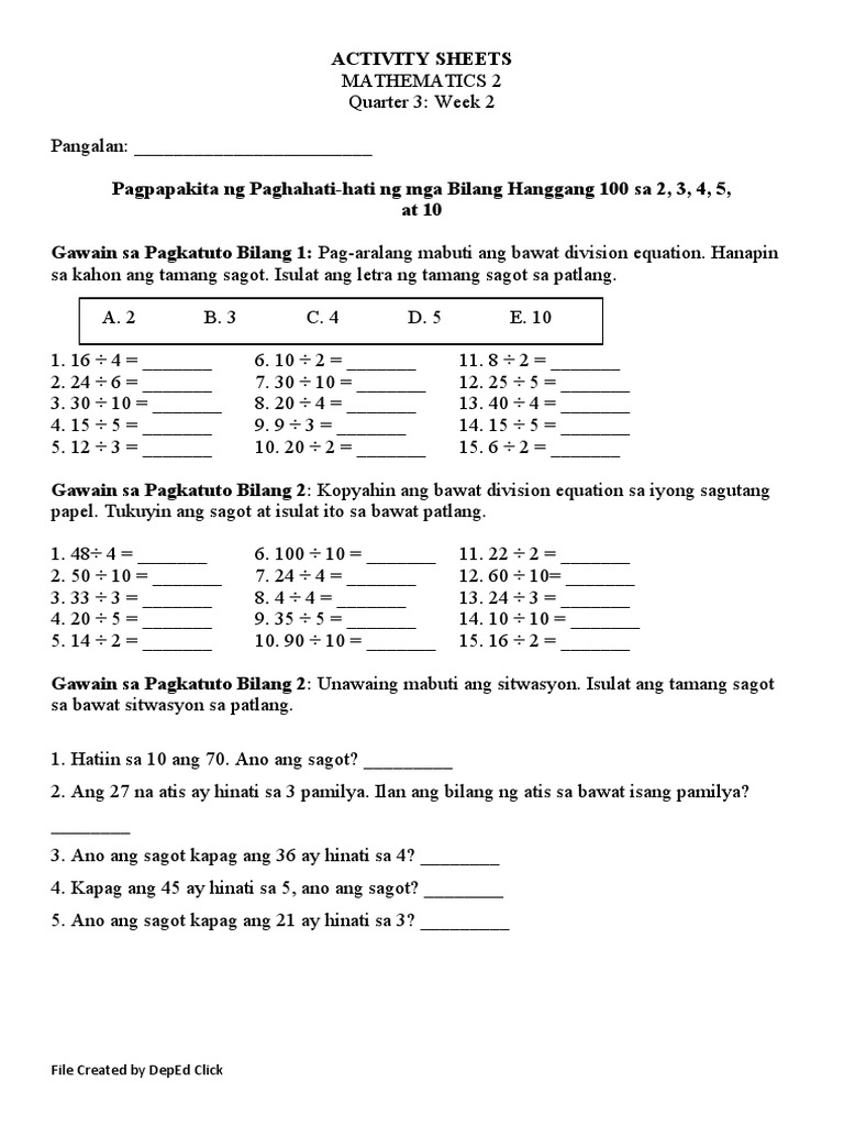 Mathematics 2 Activity Sheet q3 w2 | PDF