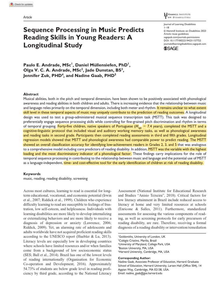 Sequence Processing in Music Predicts Reading Skills in Young Readers A Longitudinal Study | PDF ...