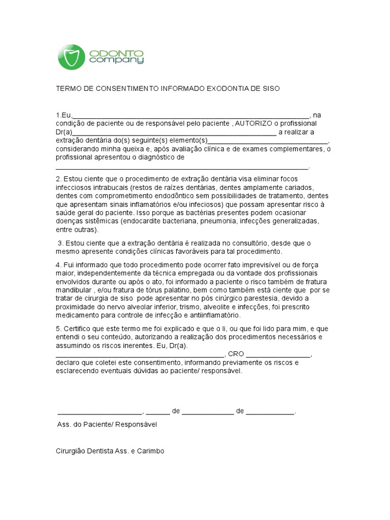 Termo De Consentimento Informado Exodontia De Siso Pdf