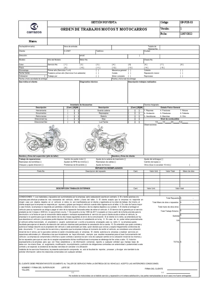 Orden de Trabajos Motos y Motocarros GP FOR 03 | PDF | Vehículo de ...