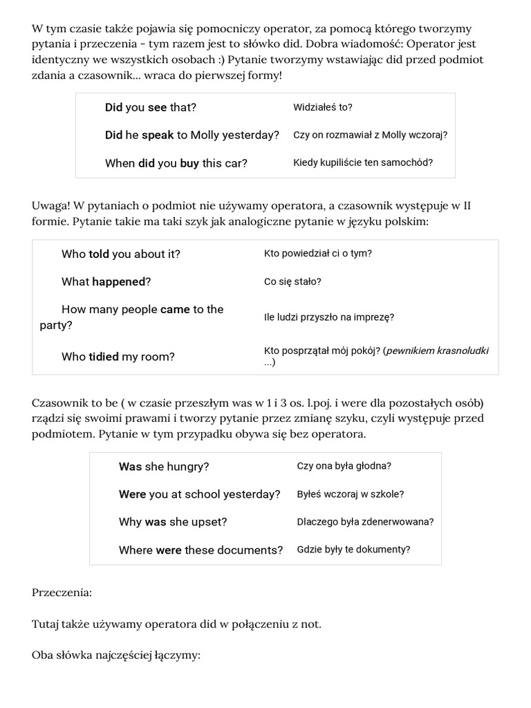 Past Simple - pytania i przeczenia – Szlifuj swój angielski | PDF