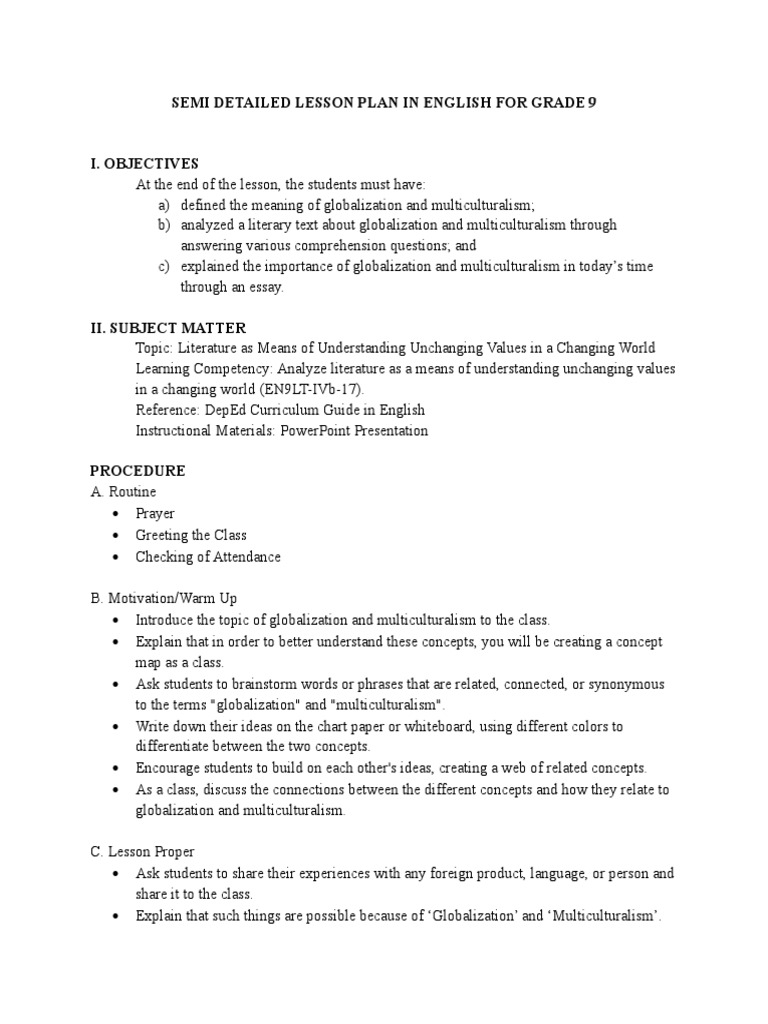 Semi Detailed Lesson Plan in English For Grade 9 | PDF | Globalization ...