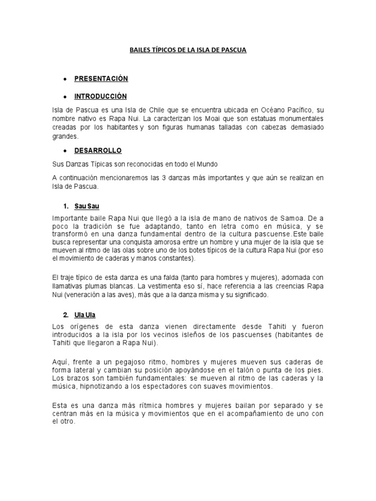 Bailes típicos de la Isla de Pascua: Sau Sau, Ula Ula y Tamuré | PDF ...
