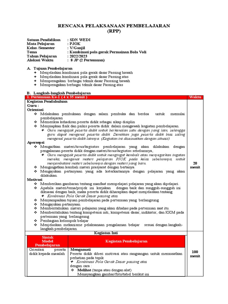 RPP 2 Voli Kelas 5 | PDF | Kesehatan Holistik