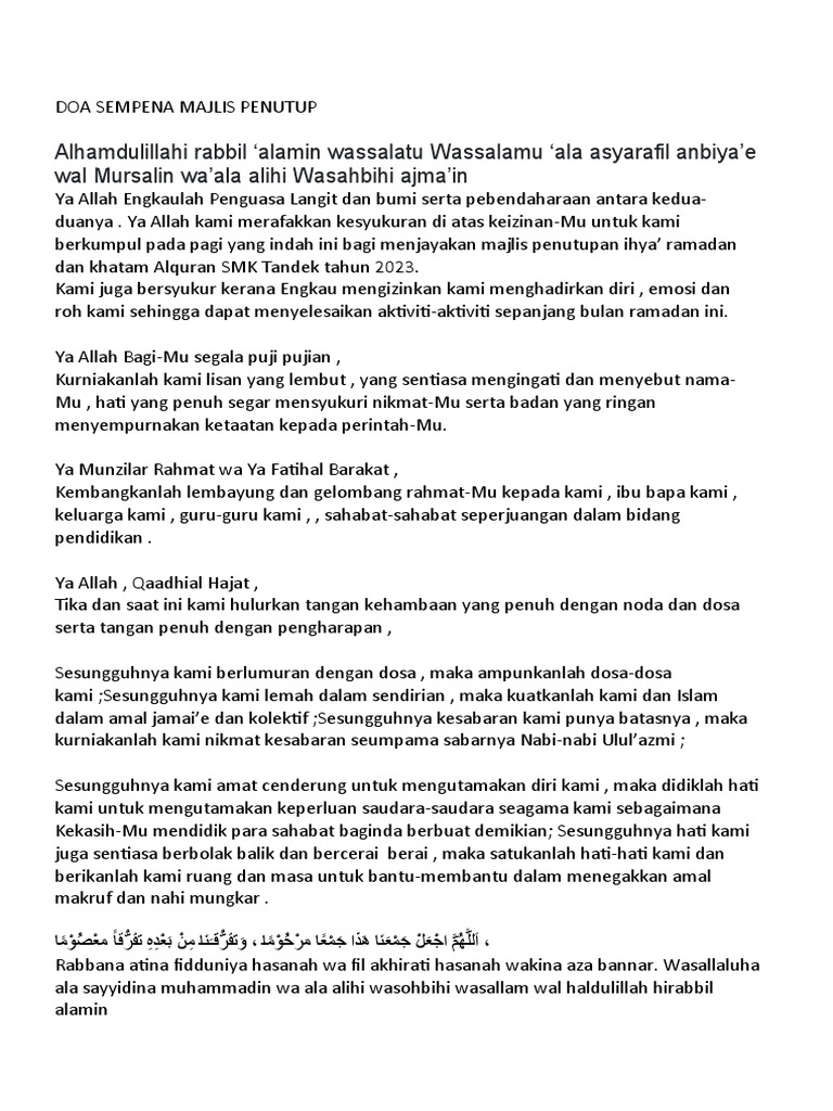 DOA SEMPENA MAJLIS PENUTUP Ihya | PDF