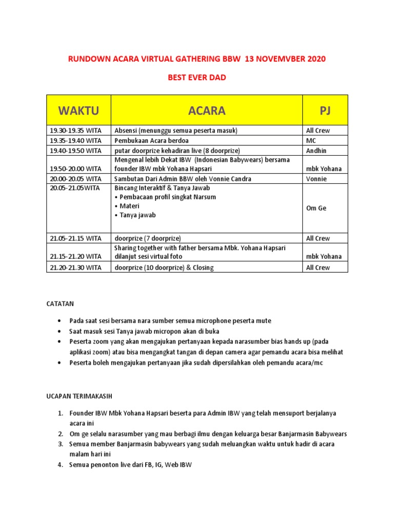 Rundown Acara Virtual Gathering BBW 13 Novemvber 2020 | PDF
