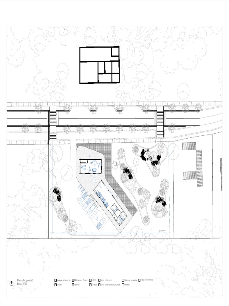 Plano de distribución de un centro comunitario multifuncional con áreas para oficinas, talleres ...